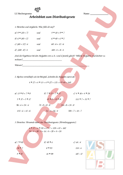 Arbeitsblatt: AB zum Distributivgesetz - Mathematik - Gemischte Themen