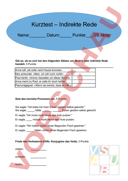 Arbeitsblatt: Test zur indirekten Rede - Deutsch - Grammatik