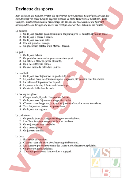 Arbeitsblatt: Envol 7, Unité 4, Devinette des sports - Französisch ...
