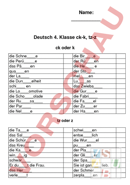 Arbeitsblatt: Übung ck-k - Deutsch - Rechtschreibung