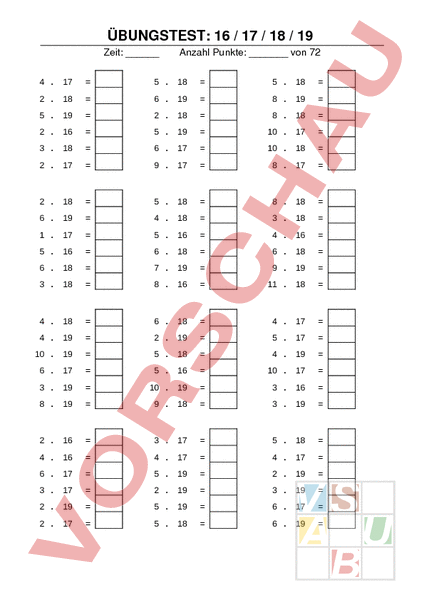 Arbeitsblatt: 16 17 18 19 er reihe - Mathematik - Multiplikation