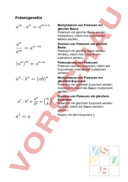 Arbeitsblatt: Potenzgesetze - Mathematik - Algebra