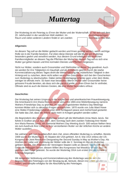 Arbeitsblatt: Muttertag - Diverses / Fächerübergreifend - Anderes Thema