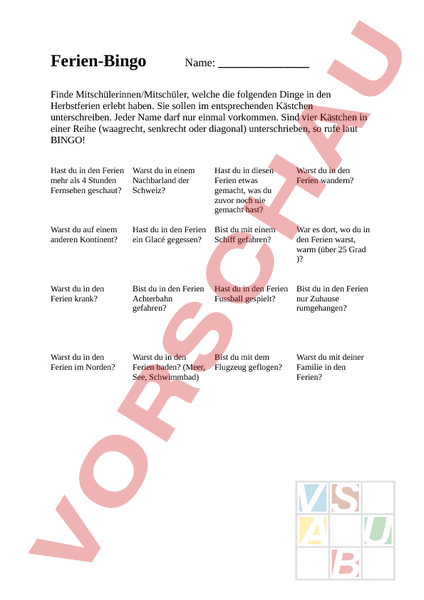 Arbeitsblatt: Ferienbingo - Deutsch - Gemischte Themen