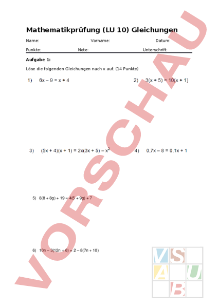 Arbeitsblatt: Mathetest Algebra - Mathematik - Algebra