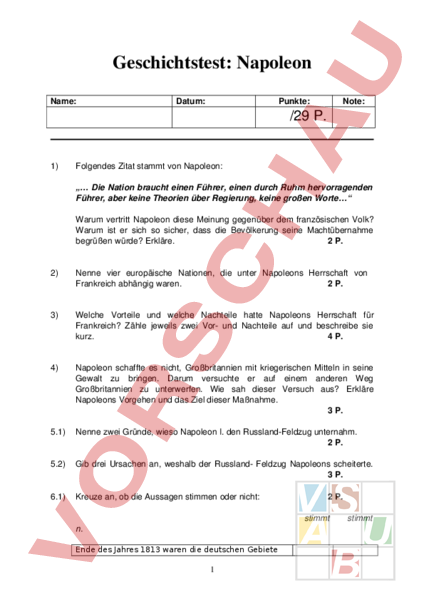 Arbeitsblatt: Test Napoleon - Geschichte - Neuzeit