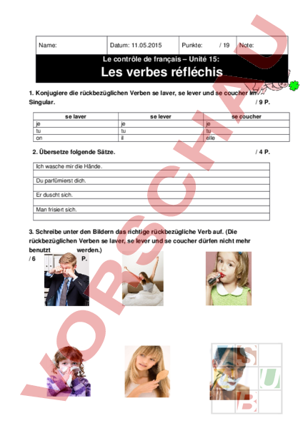 Arbeitsblatt: Unité 15 - Les verbes réfléchis - Französisch - Grammatik