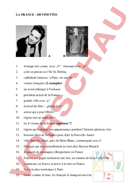 Arbeitsblatt: La France - devinettes - Französisch - Gemischte Themen