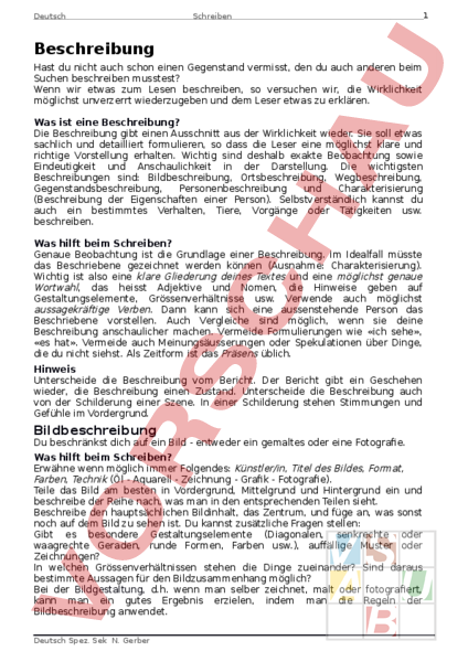 Arbeitsblatt: Beschreibung: Bildbeschreibung - Deutsch - Texte schreiben
