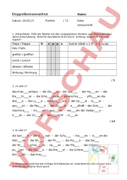 Arbeitsblatt: Test Doppelkonsonanten - Deutsch - Rechtschreibung