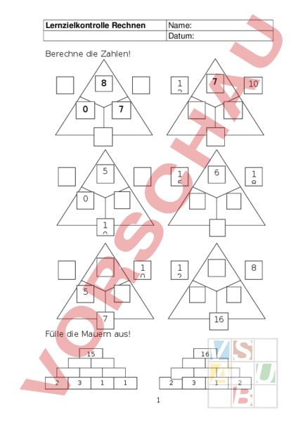 Arbeitsblatt: LK Zahlenmauern, Rechendreiecke - Mathematik - Addition