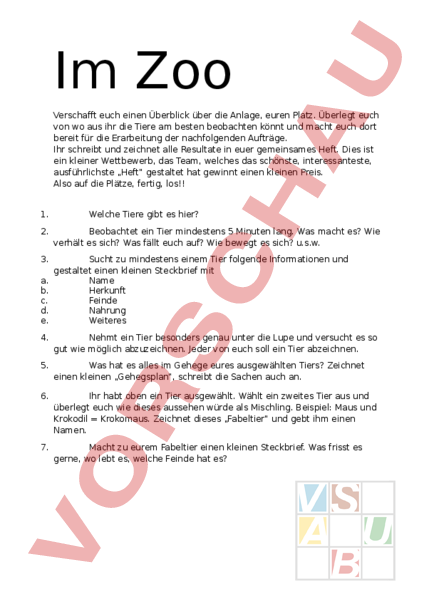 Arbeitsblatt: Arbeitsblatt Zoo - Biologie - Tiere