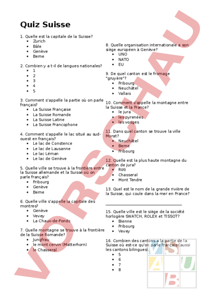 Arbeitsblatt: Quiz La Suisse - Französisch - Anderes Thema