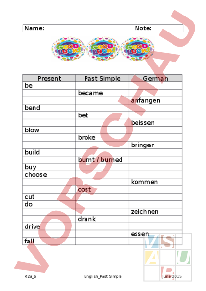 Arbeitsblatt: Past Simple irregular Verbs Test - Englisch - Grammatik