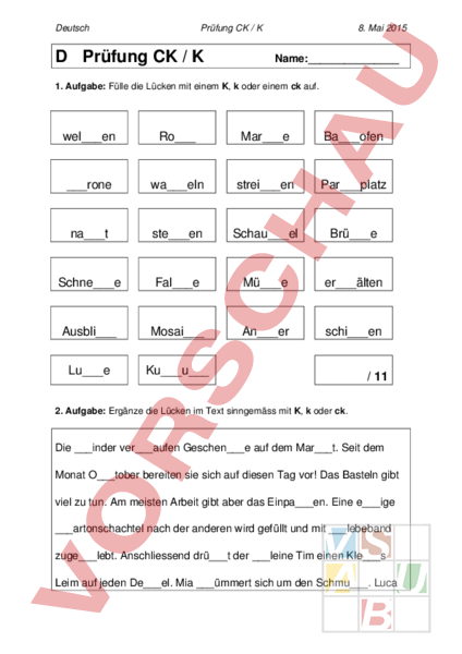 Arbeitsblatt: Prüfung CK / K - Deutsch - Rechtschreibung