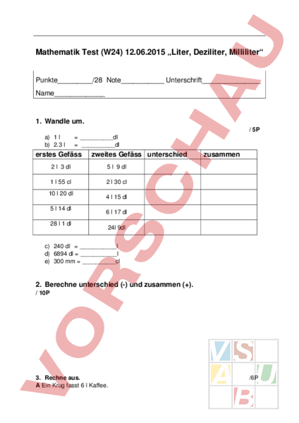 Arbeitsblatt: Mathtest Liter Deziliter Zentiliter - Mathematik ...