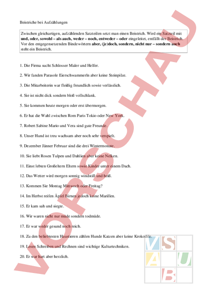 Arbeitsblatt: Beistriche nei Aufzählungen - Deutsch - Grammatik