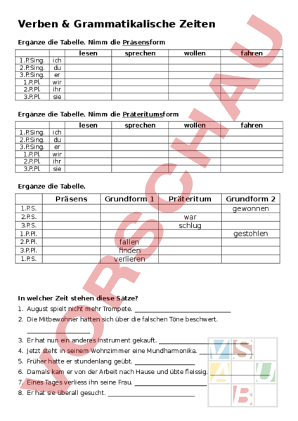 Arbeitsblatt: Alle Zeitformen - Deutsch - Grammatik