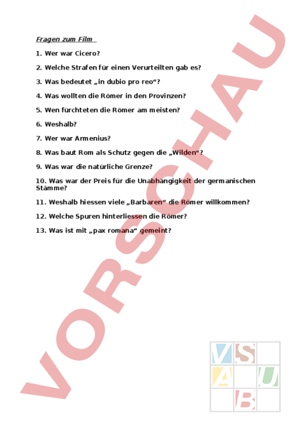 Arbeitsblatt: Fragen zum Film Terra X Die Römer - Geschichte - Altertum