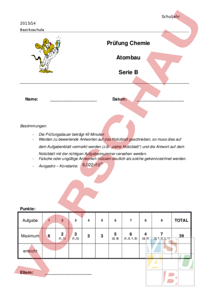 Arbeitsblatt: Test Atombau - Chemie - Atome