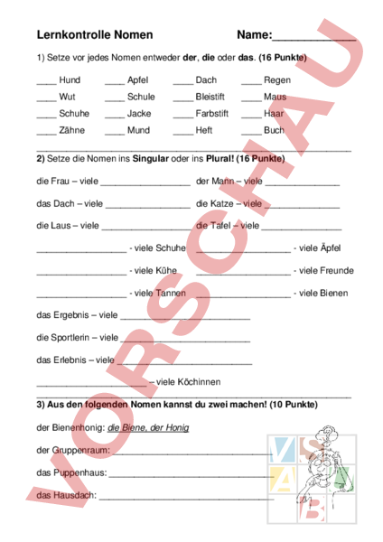 Arbeitsblatt: Lernkontrolle Thema Nomen - Deutsch - Grammatik