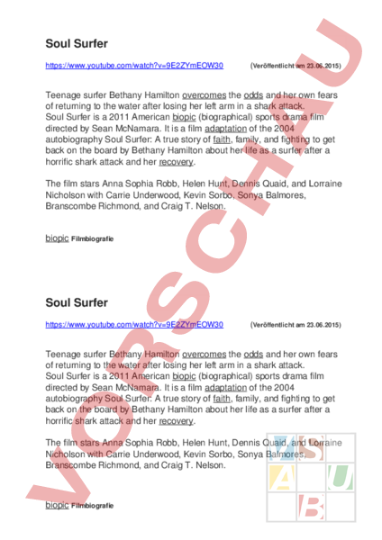 Arbeitsblatt: soul surfer - Englisch - Anderes Thema