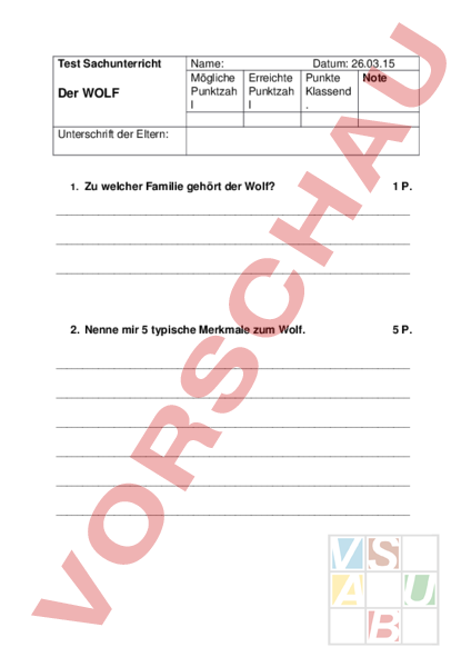 Arbeitsblatt: Test Wolf - Biologie - Tiere