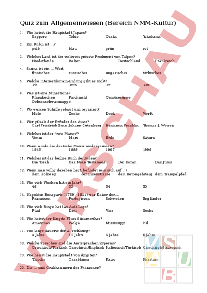 Arbeitsblatt: Quiz mit 80 Fragen zum Allgemeinwissen - Diverses ...