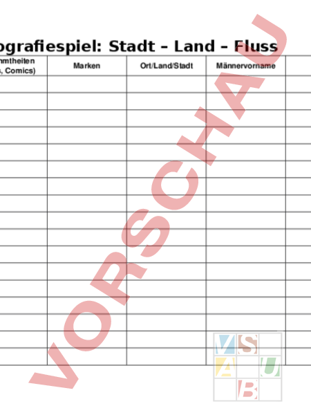 Arbeitsblatt: Geografiespiel Stadt Land Fluss - Deutsch - Anderes Thema