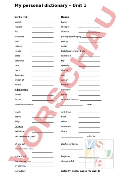 Arbeitsblatt: Vocabulary list Unit 1 - Englisch - Wortschatz