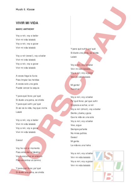 Arbeitsblatt: VIVIR LA VIDA von Marc Anthony - Musik - Singen / Lieder