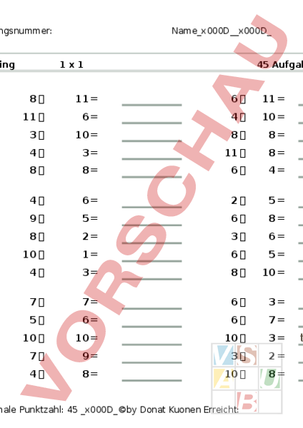Arbeitsblatt: 1x1 Trainigseinheit - Mathematik - Multiplikation