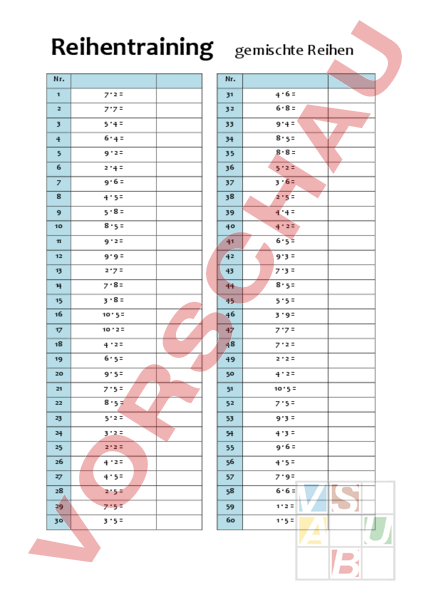 Arbeitsblatt: Reihentraining gemischte Reihen - Mathematik - Multiplikation