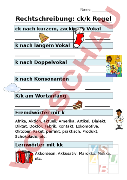 Arbeitsblatt: Regel ck/k - Deutsch - Grammatik