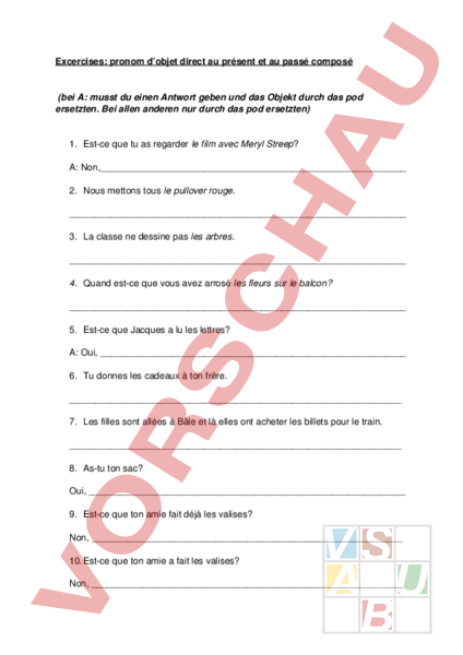 Arbeitsblatt: Pronom objet direct - Französisch - Grammatik