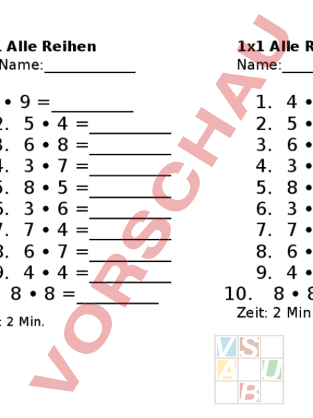 Arbeitsblatt: 1x1 Test - Mathematik - Multiplikation