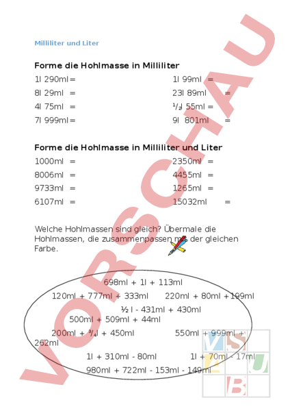 Arbeitsblatt: Milliliter und Liter Umwandlungen - Mathematik - Mengenlehre