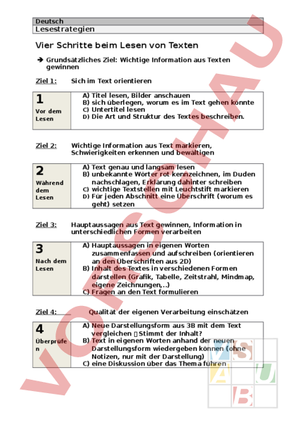 Arbeitsblatt: Lesestrategien - Deutsch - Lesefertigkeit