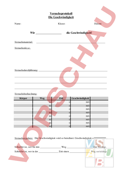 Arbeitsblatt: Versuchsprotokoll Die Geschwindigkeit - Physik - Mechanik ...