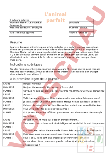 Arbeitsblatt: Théâtre: L'animal parfait - Französisch - Anderes Thema