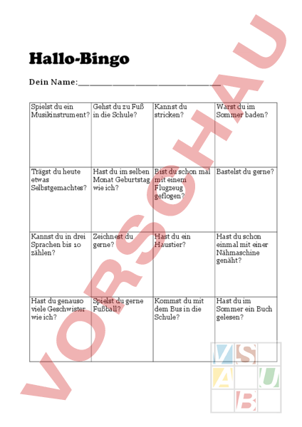 Arbeitsblatt: Hallo Bingo - Diverses / Fächerübergreifend - Spiele