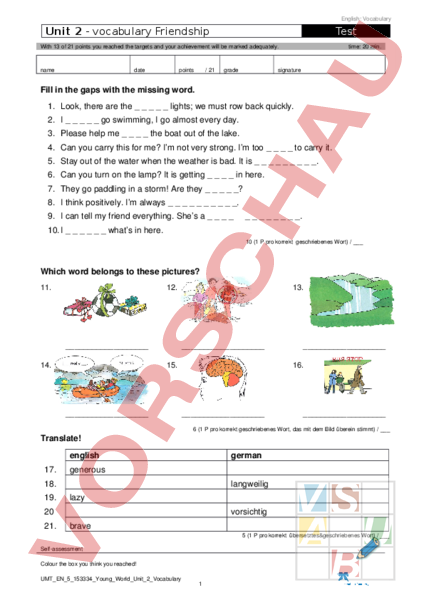 Arbeitsblatt: Young World Unit 2 Vocabulary - Englisch - Wortschatz