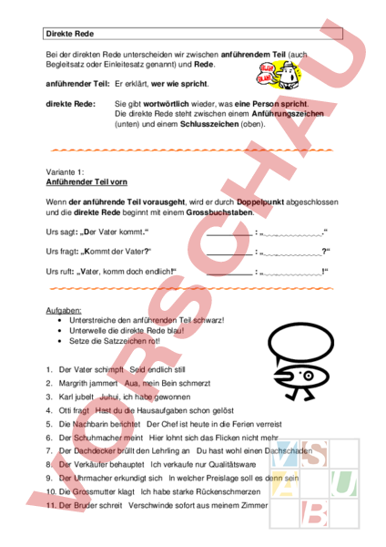 Arbeitsblatt: Direkte Rede 1 - Deutsch - Grammatik