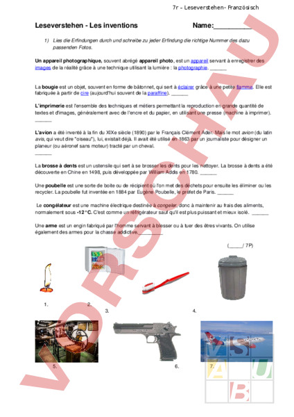 Arbeitsblatt: Leseverstehen Inventions - Französisch - Textverständnis