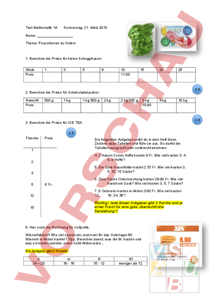 Arbeitsblatt: Test Proportionen - Mathematik - Gemischte Themen