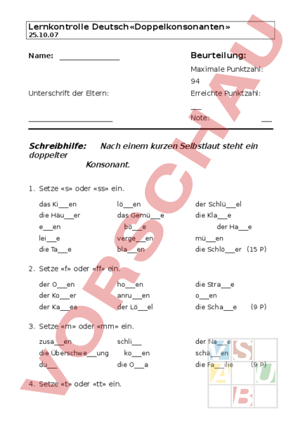 Arbeitsblatt: Doppelkonsonanten - Deutsch - Rechtschreibung