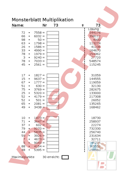 Arbeitsblatt: Multiplikation schriftlich 2 stelliger Faktor ...