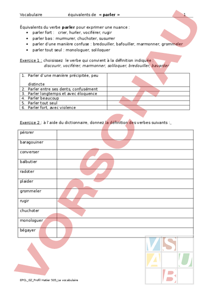 Arbeitsblatt: Synonymes du verbe parler - Französisch - Wortschatz