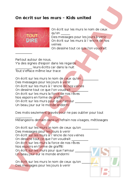 Arbeitsblatt: Song: On écrit sur les murs- Kids united - Französisch ...