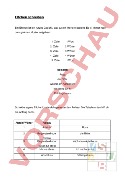 Arbeitsblatt: Anleitung Elfchen - Deutsch - Texte schreiben